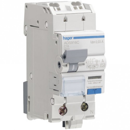 Fehlerstrom-Leitungsschutzschalter 1P+N 6 kA C-16A 30mA A Typ Quick Connect ADS916C Hager